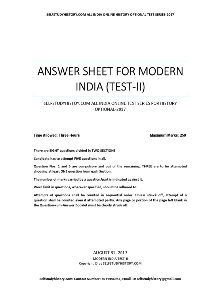 02.test-Ii (Modern India) Answer Sheet | PDF | Nationalism | British Raj