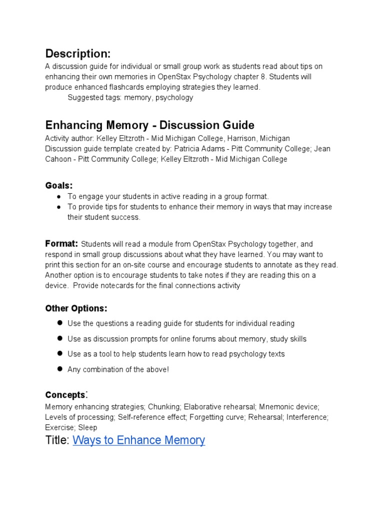 Enhancing Memory - Student Discussion Guide | PDF | Study Skills | Memory
