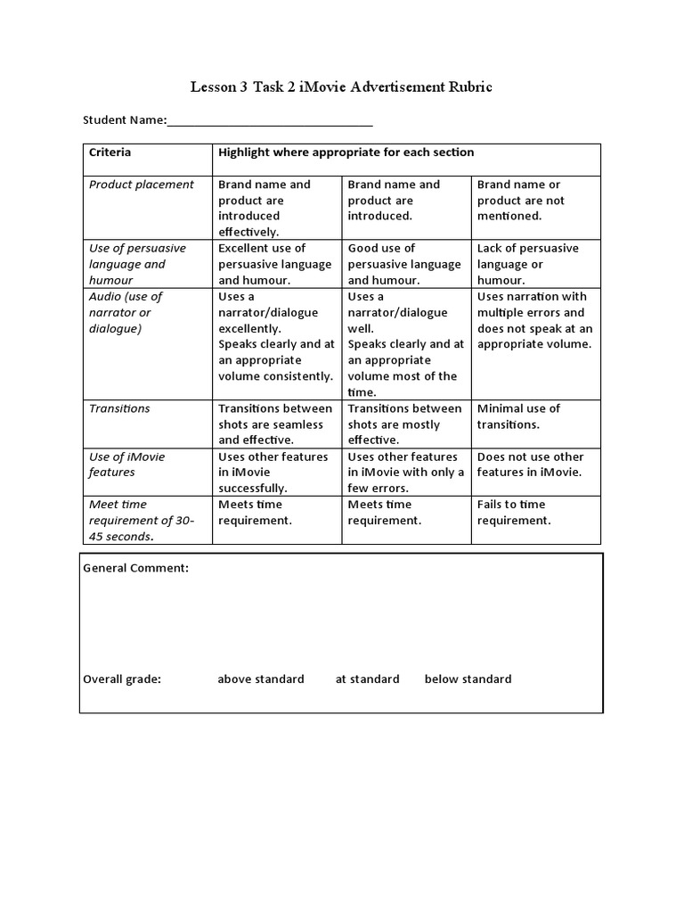 Lesson 3 Task 2 Imovie Advertisement Rubric | PDF