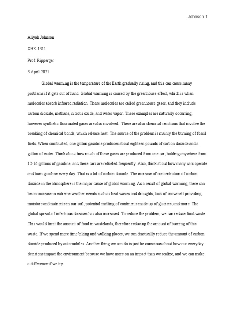 Week 11 - Global Warming Essay - Aliyah Johnson 1 | PDF