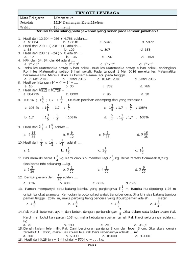 Soal Try Out Matematika MIN Madiun | PDF