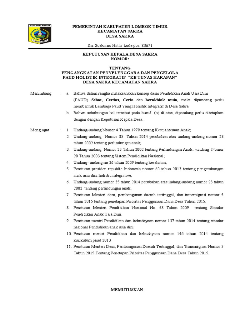 Contoh Sk. Paud Hi | PDF