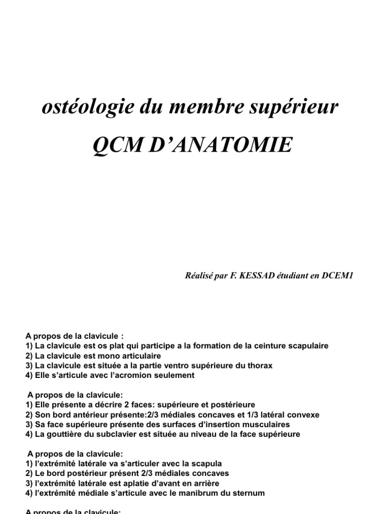 QCM Ostéologie Membre Supérieur | PDF