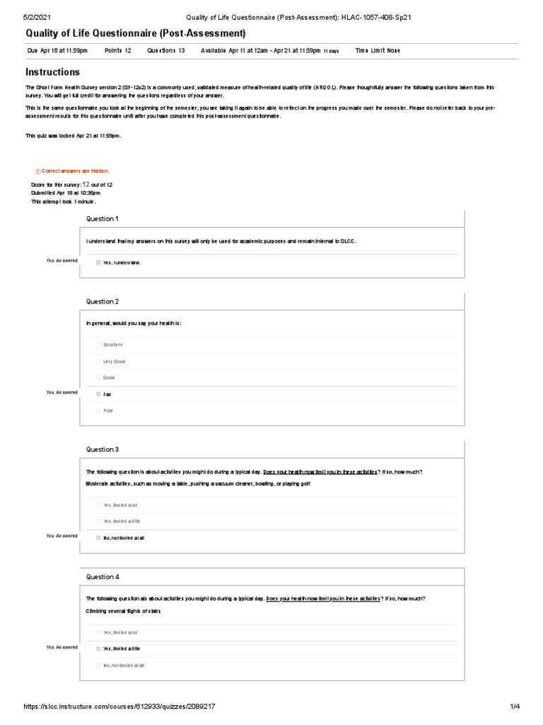 Quality of Life Questionnaire Post-Assessment Hlac | PDF | Human Nature ...