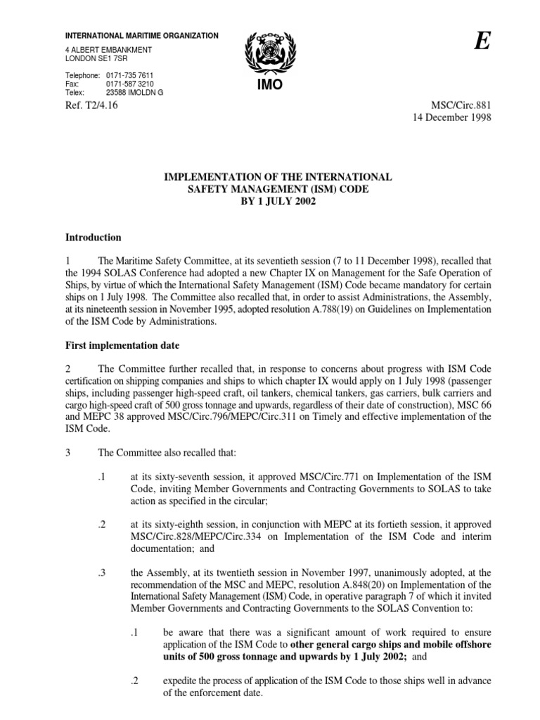 Implementation of The International Safety Management (Ism) Code BY 1 ...