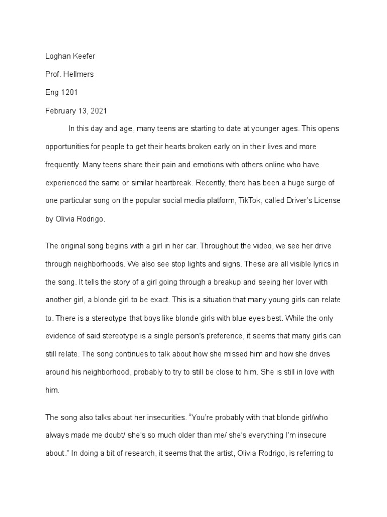 Teen Heartbreak in Driver's License Analysis | PDF | Human Nature ...