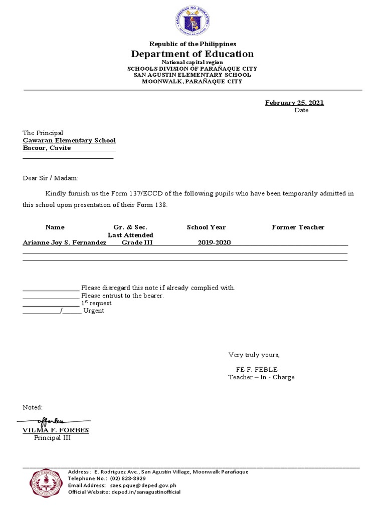 Form 137 Request 1 Fe Feble Fernandez | PDF | Further Education | Schools