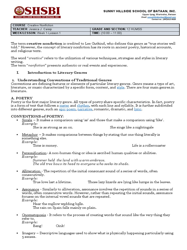 I. Introduction To Literary Genres 1. Understanding Conventions of ...