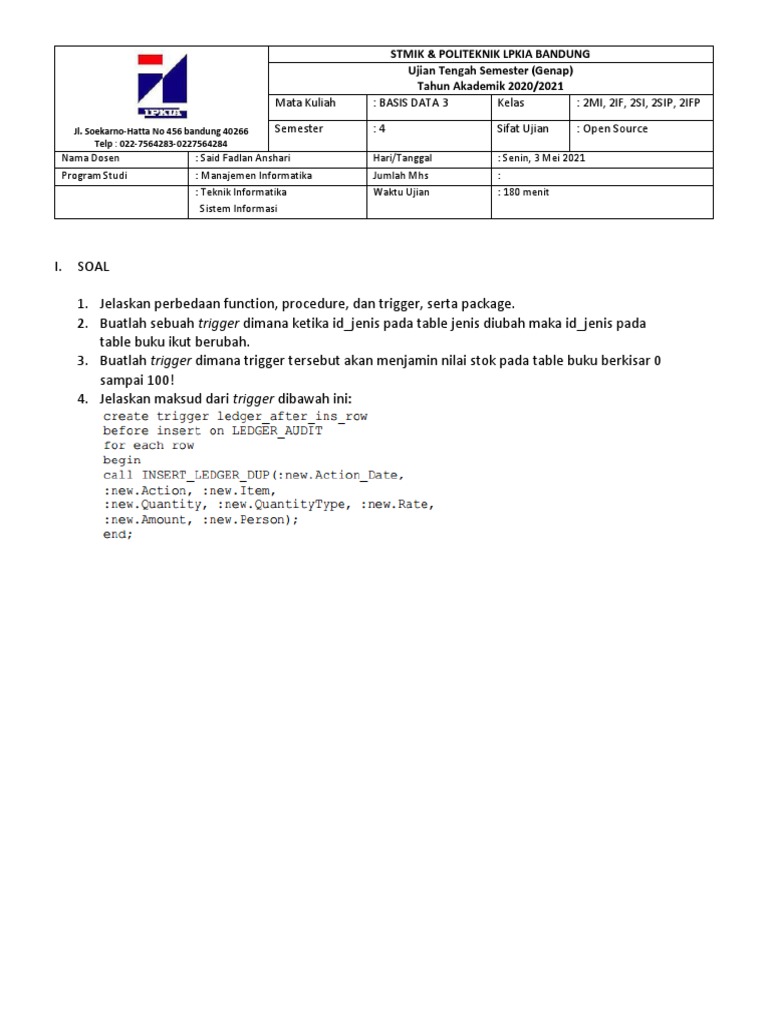 Ujian Basis Data 3 STMIK LPKIA Bandung | PDF | Karier & Perkembangan ...