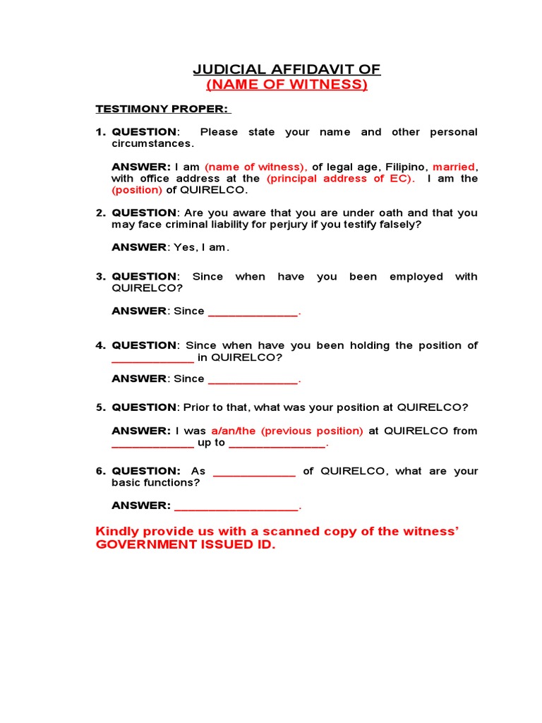 Judicial Affidavit Template for Witness | PDF