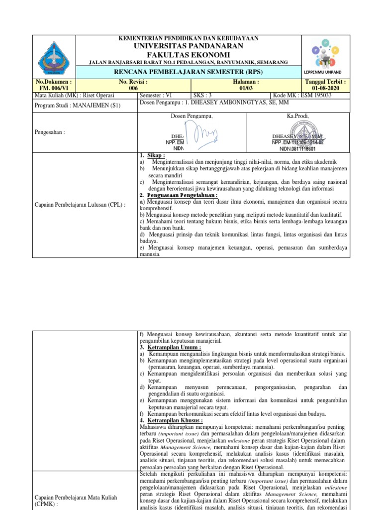 RPS Riset Operasi | PDF
