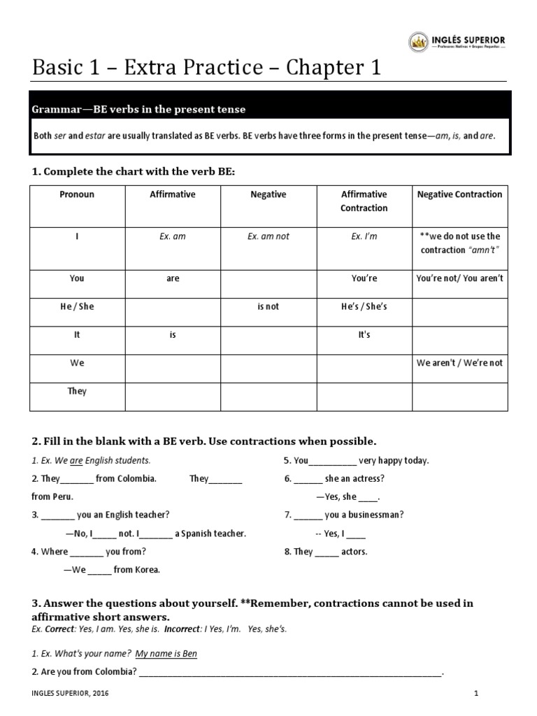 Basic 1 - Extra Practice - Chapter 1: Grammar-BE Verbs in The Present ...