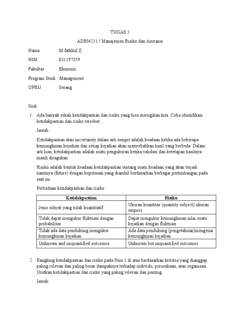 TUGAS 1 Manajemen Risiko Dan Asuransi 77 | PDF | Karier & Perkembangan