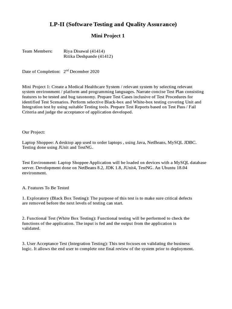 Stqa Report Miniproject Pdf Software Testing Unit Testing 7572