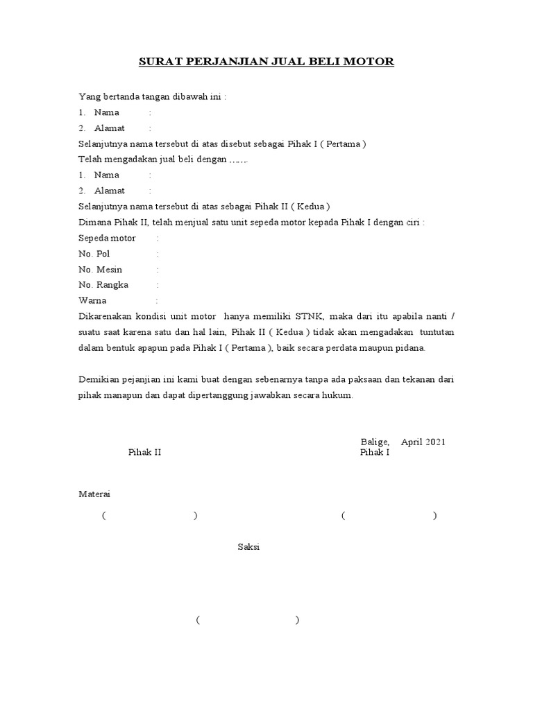 Surat Jual Beli Motor Tanpa BPKB STNK Only | PDF