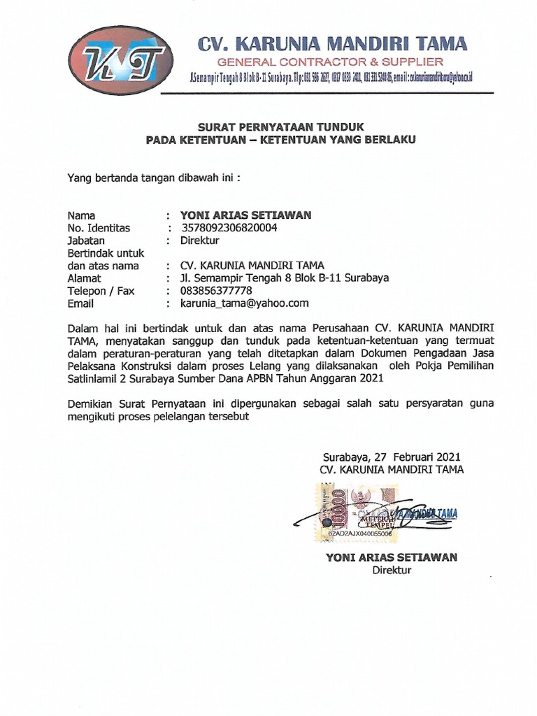 Surat Pernyataan Tunduk | PDF