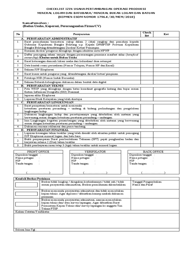 CHECKLIST IUP OP MINERAL LOGAM DAN BATUBARA DAN MINERAL BUKAN LOGAM DAN ...