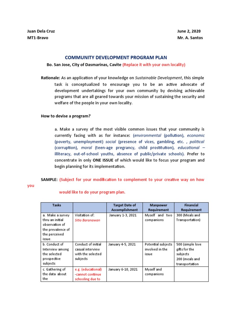 Community Development Program Plan: Juan Dela Cruz June 2, 2020 MT1 ...