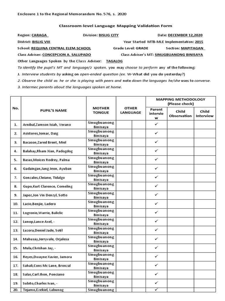 Classroom Language Mapping Form | PDF