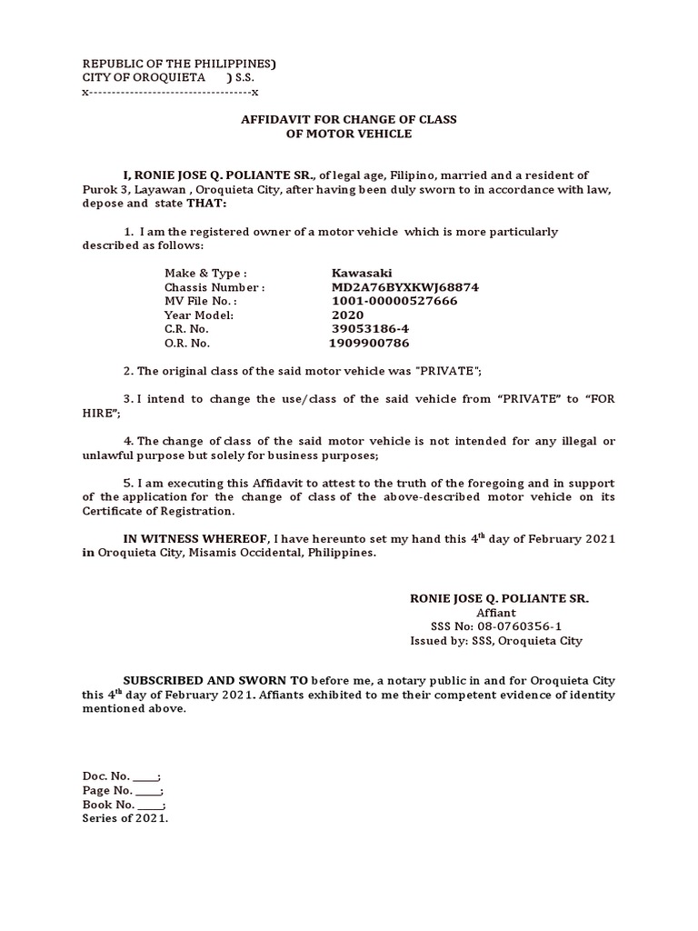 Affidavit of Change Ofclass of A Motor Vehicle Poliante | PDF | Law