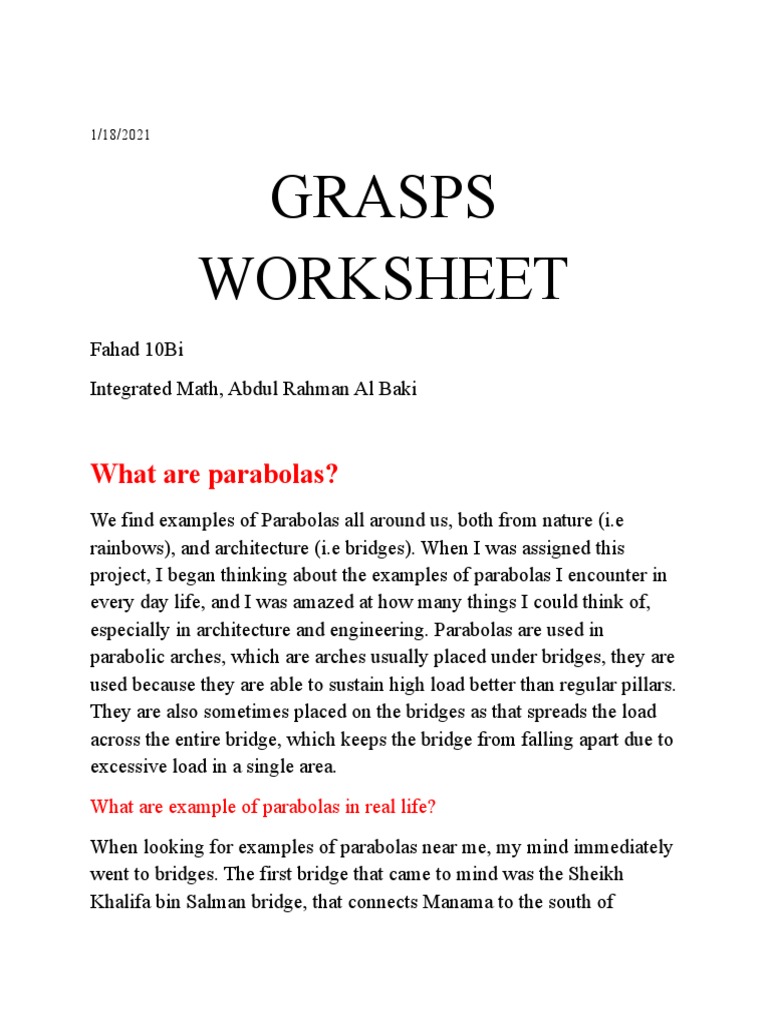 Grasps Worksheet: What Are Parabolas? | PDF