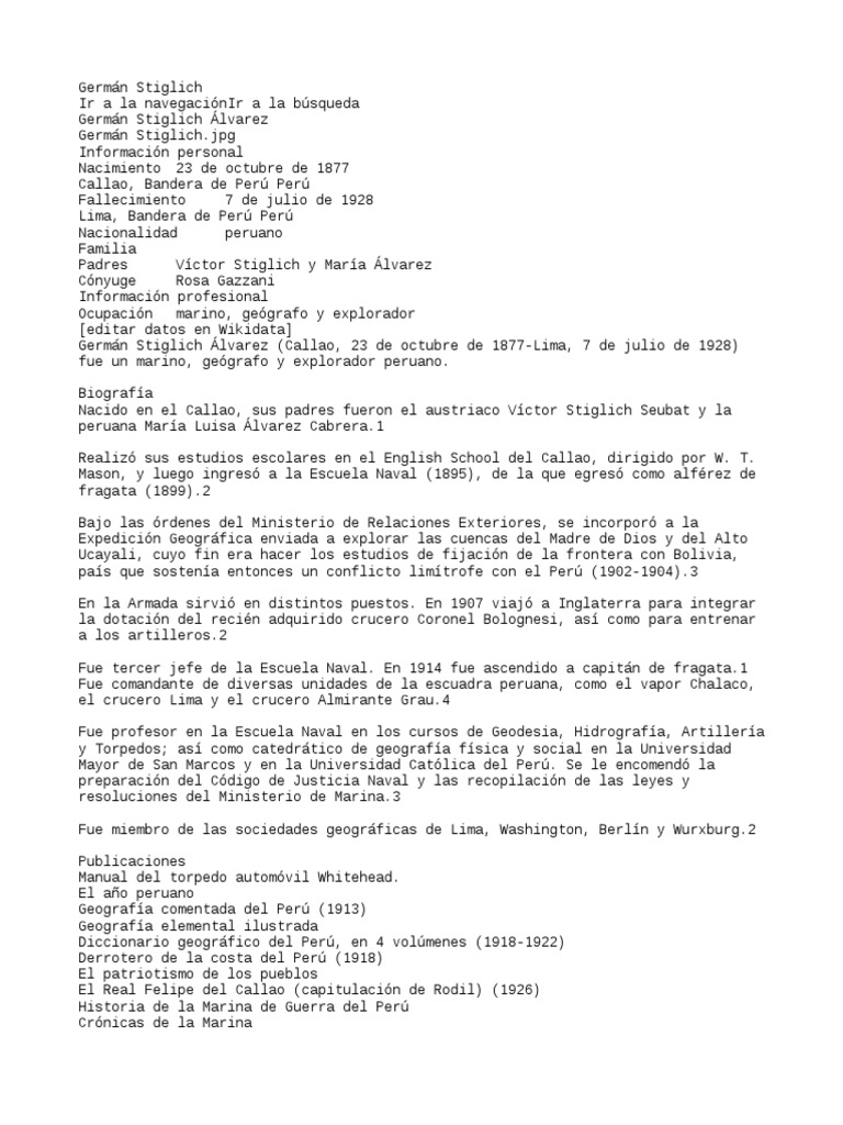 Germán Stiglich: Marino y Geógrafo Peruano | PDF | Wikipedia | Perú