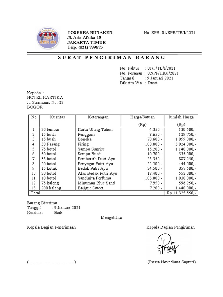 B1M2 Surat Pengiriman Barang TOSERBA BUNAKEN KE HOTEL | PDF