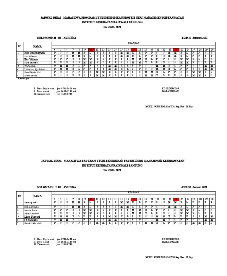 Jadwal Dinas Mahasiswa Program Profesi Ners Xvi | PDF