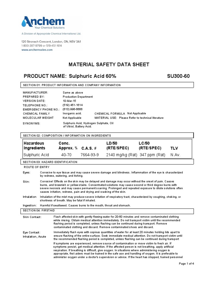 Sulfuric Acid 60% DS | PDF | Sulfuric Acid | First Aid