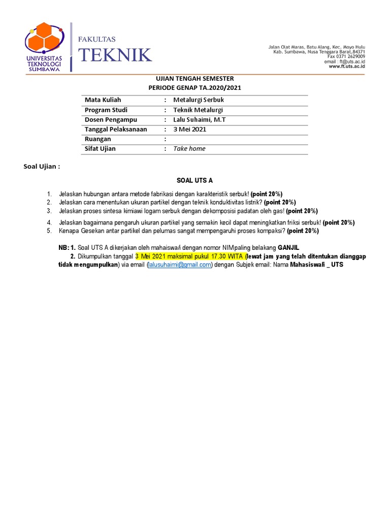 UTS Metalurgi Serbuk Semester Genap 2020 - 2021 | PDF | Seni | Sains & Matematika