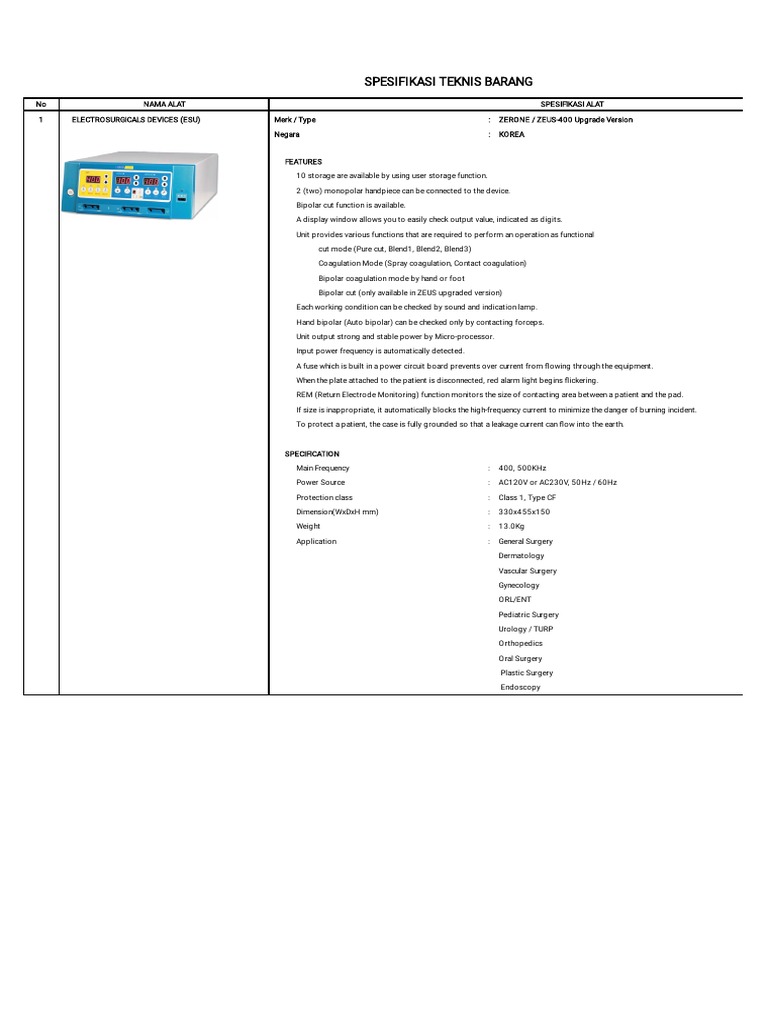 Specification and Technical Features of the ZERONE ZEUS-400 Upgrade Version Electrosurgical ...