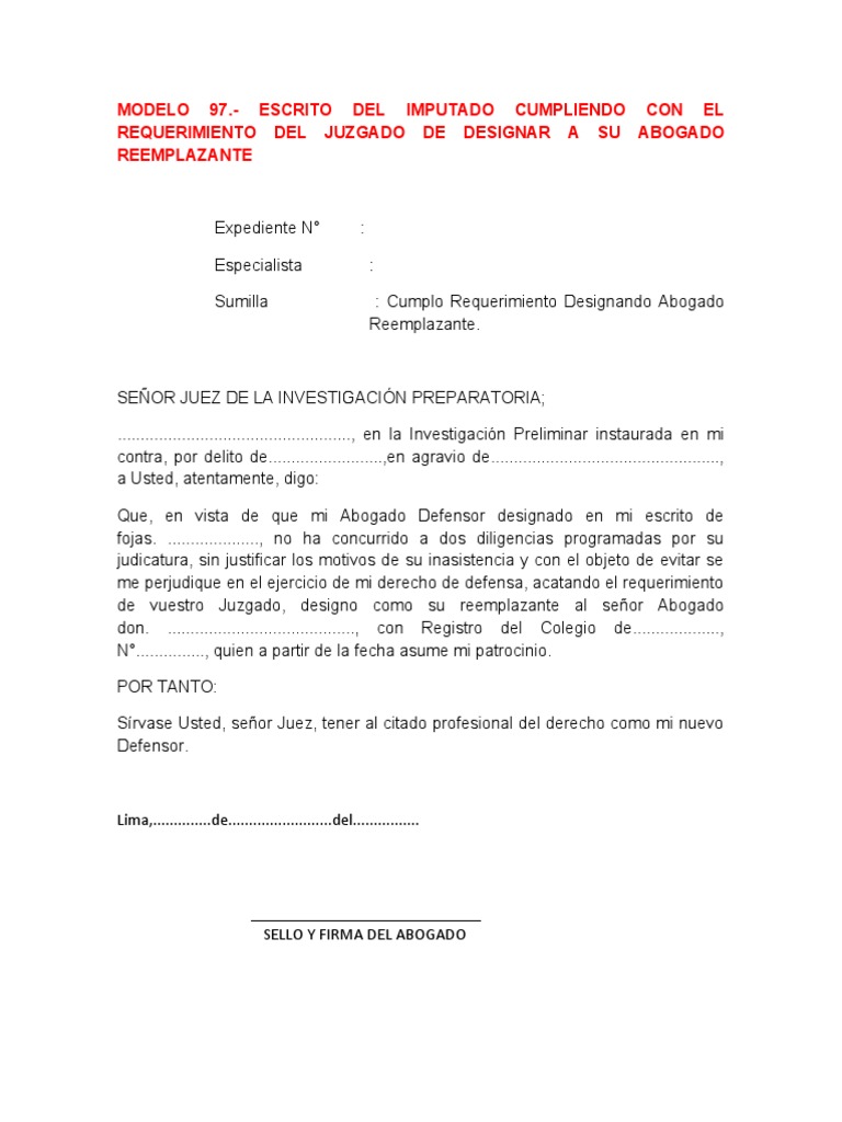 Modelo 97. - Escrito Del Imputado Cumpliendo Con El Requerimiento Del Juzgado de Designar A Su ...