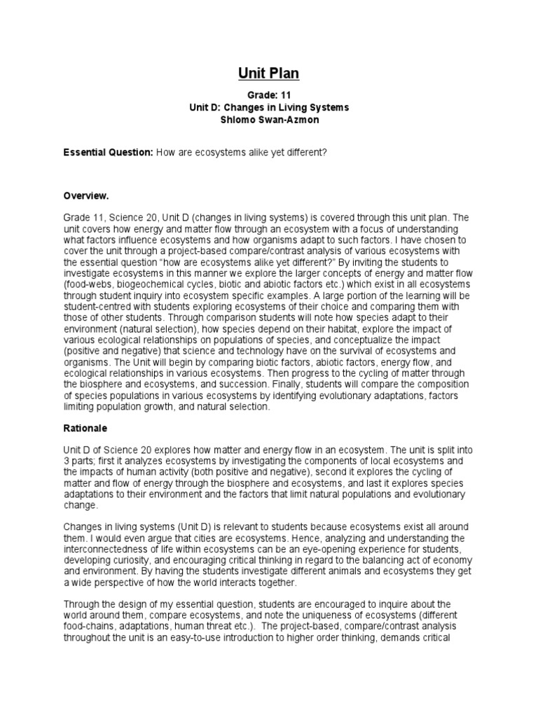 Unit Plan - Science 11 Unit D | PDF | Food Web | Ecosystem