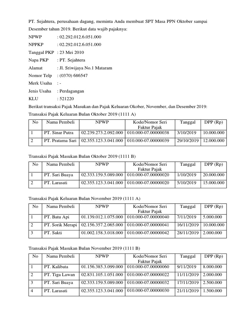 Laporan SPT Masa PPN PT. Sejahtera Q4 2019 | PDF