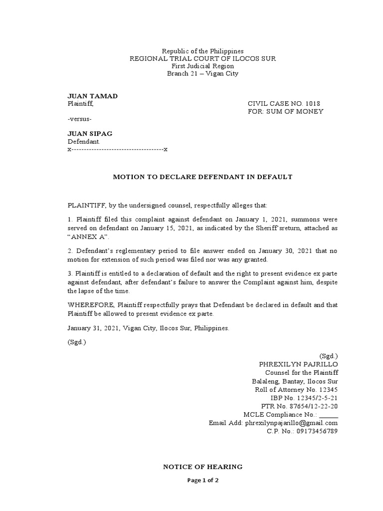 Motion To Declare Defendant in Default | PDF | Complaint | Legal Procedure