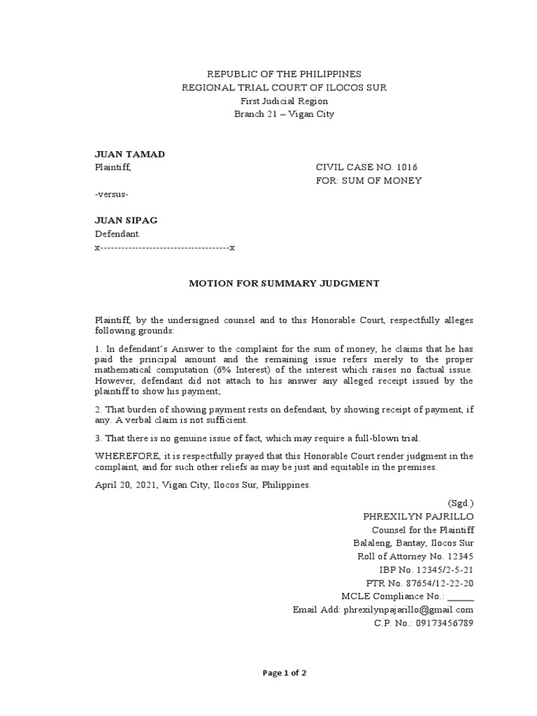 Motion For Summary Judgment | PDF | Complaint | Separation Of Powers