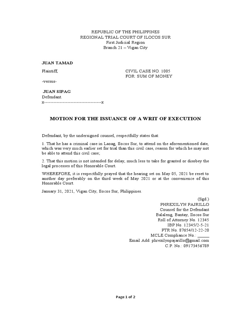 Motion For The Issuance of A Writ of Execution | Download Free PDF ...