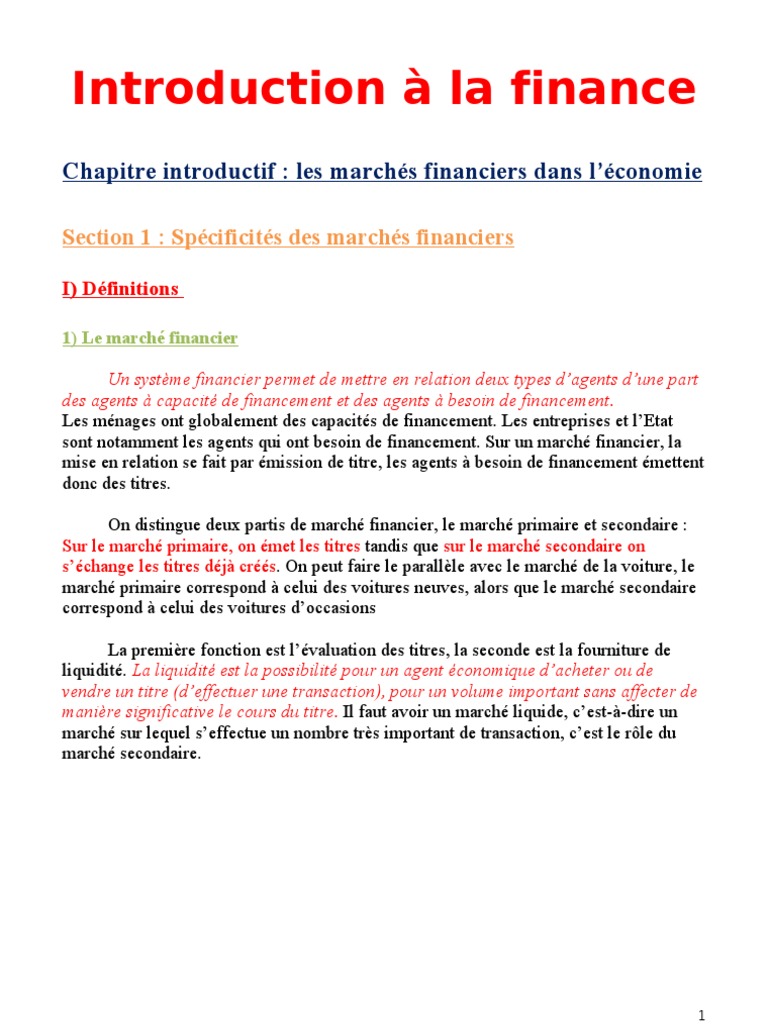 Introduction à la finance cours 1 chapitre intro propre | Obligation ...