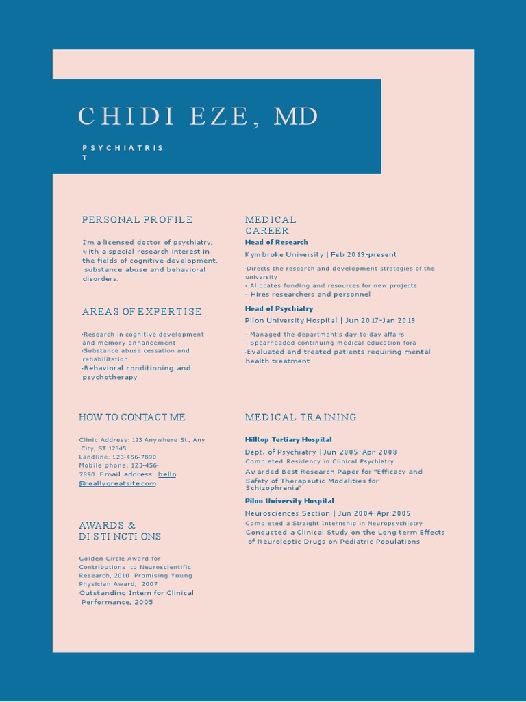 Blue and Pink Psychiatrist Medical Resume | PDF | Psychiatry | Neuroscience