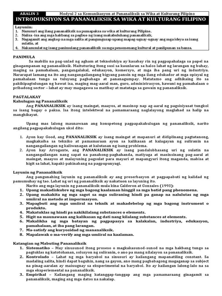 Komunikasyon at Pananaliksik Sa Wika at Kulturang Filipino | PDF