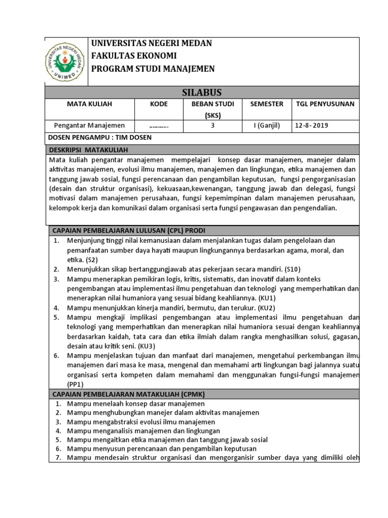 Silabus Pengantar Manajemen FE Unimed 2019 | PDF