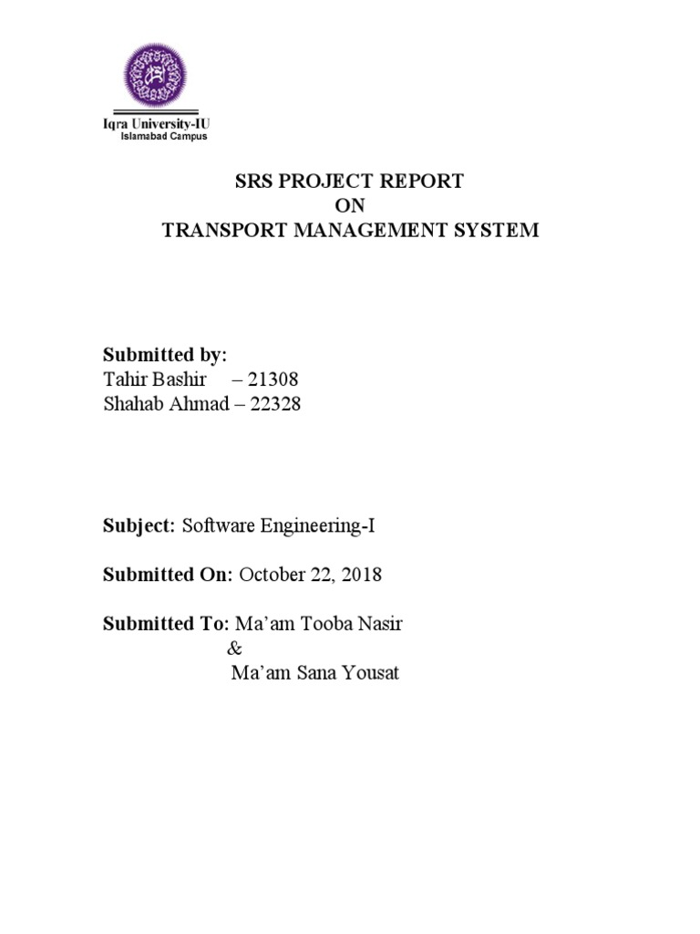Srs Project Report ON Transport Management System: Tahir Bashir - 21308 ...