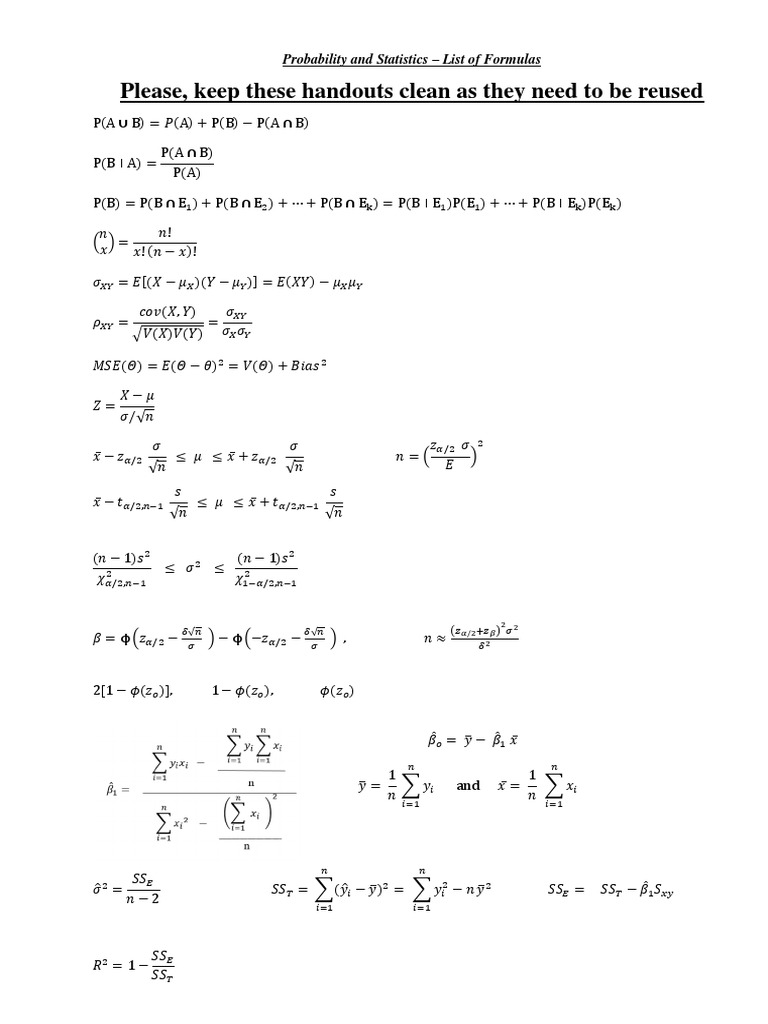 Probability and Statistics Formulas Guide | PDF | Teaching Mathematics