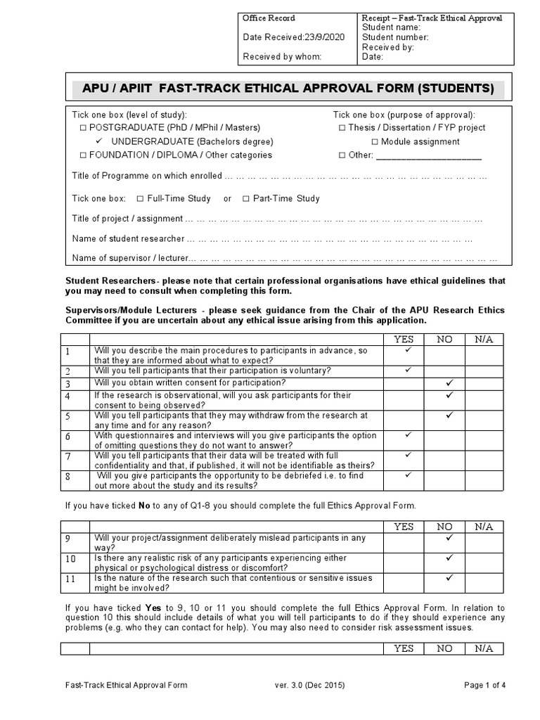 Apu / Apiit Fast-Track Ethical Approval Form (Students) : YES NO N/A 1 ...