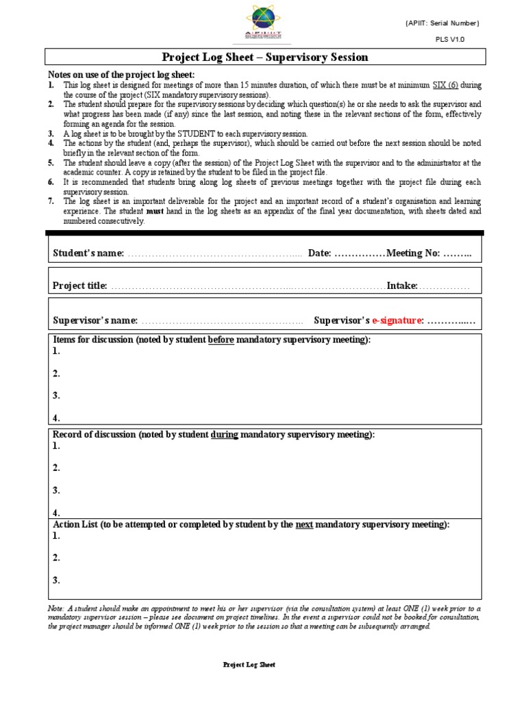 Project Log Sheet - Supervisory Session | PDF | Business