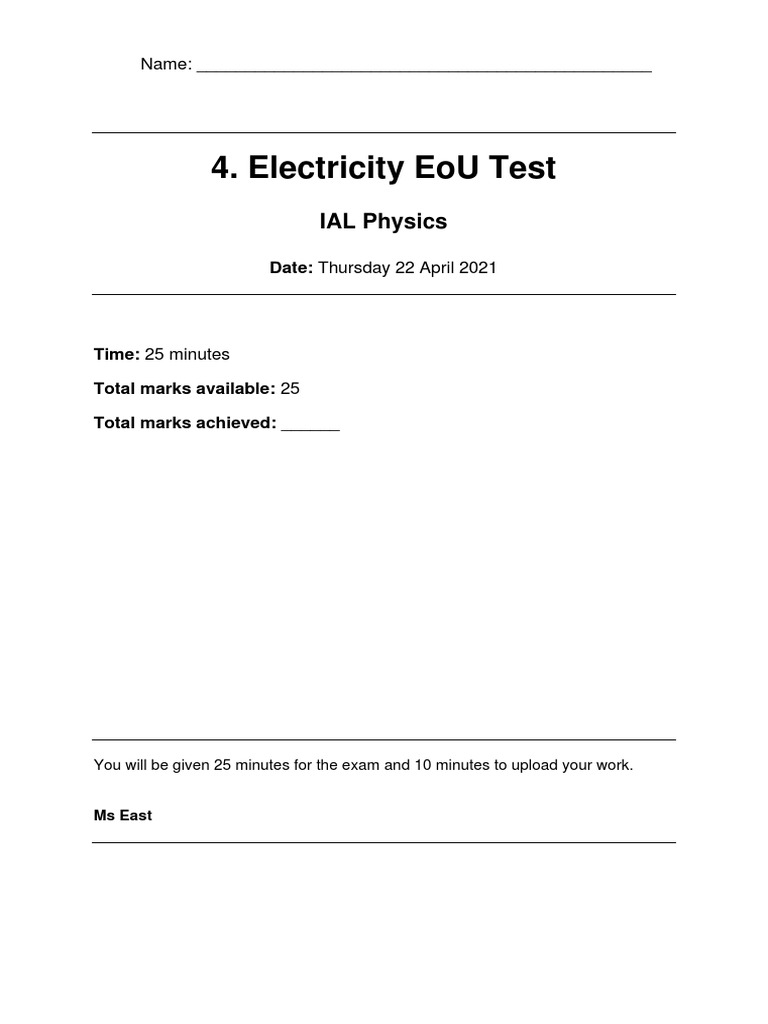 Electricity Eou Test: Ial Physics | PDF | Electrical Resistance And ...