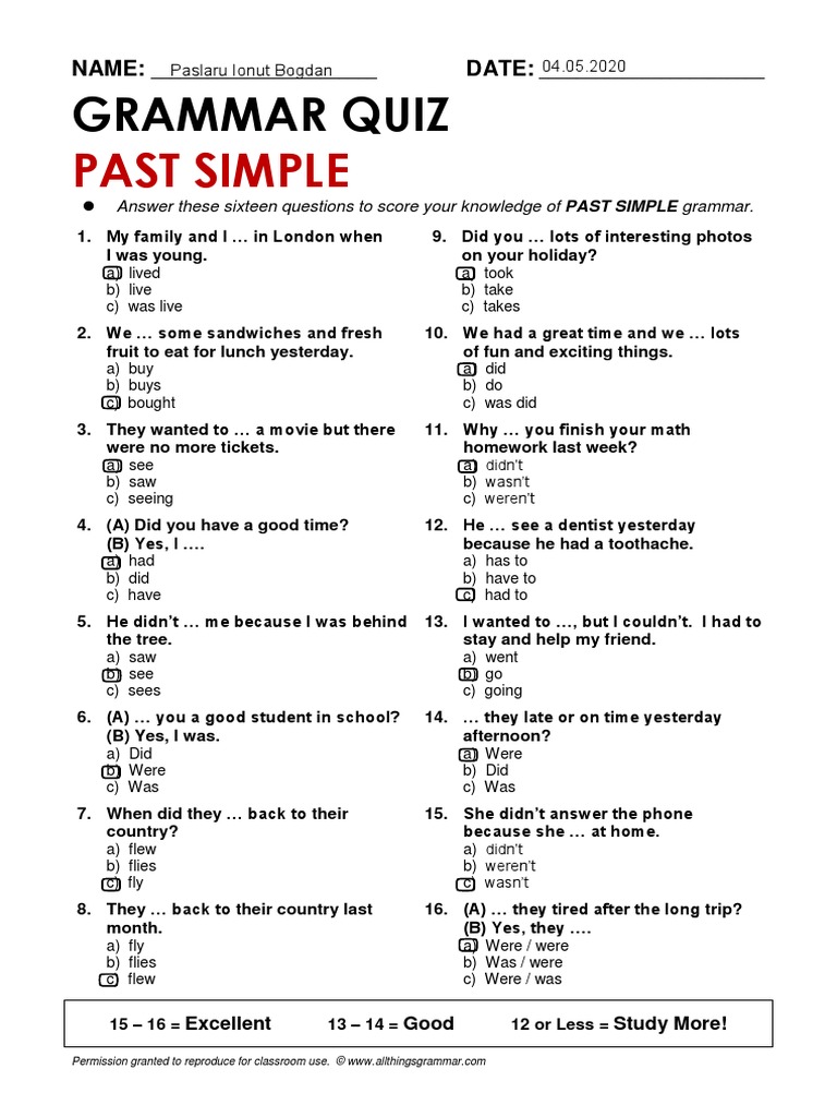 Past Simple-Grammar Quiz | PDF