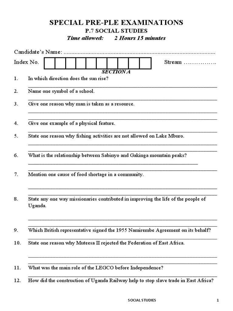 P.7 SST - Special - Special Pre - P.L.E Examinations | PDF | Uganda ...