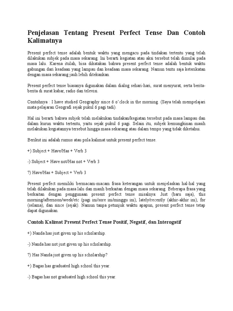 Penjelasan Tentang Present Perfect Tense Dan Contoh Kalimatnya | PDF