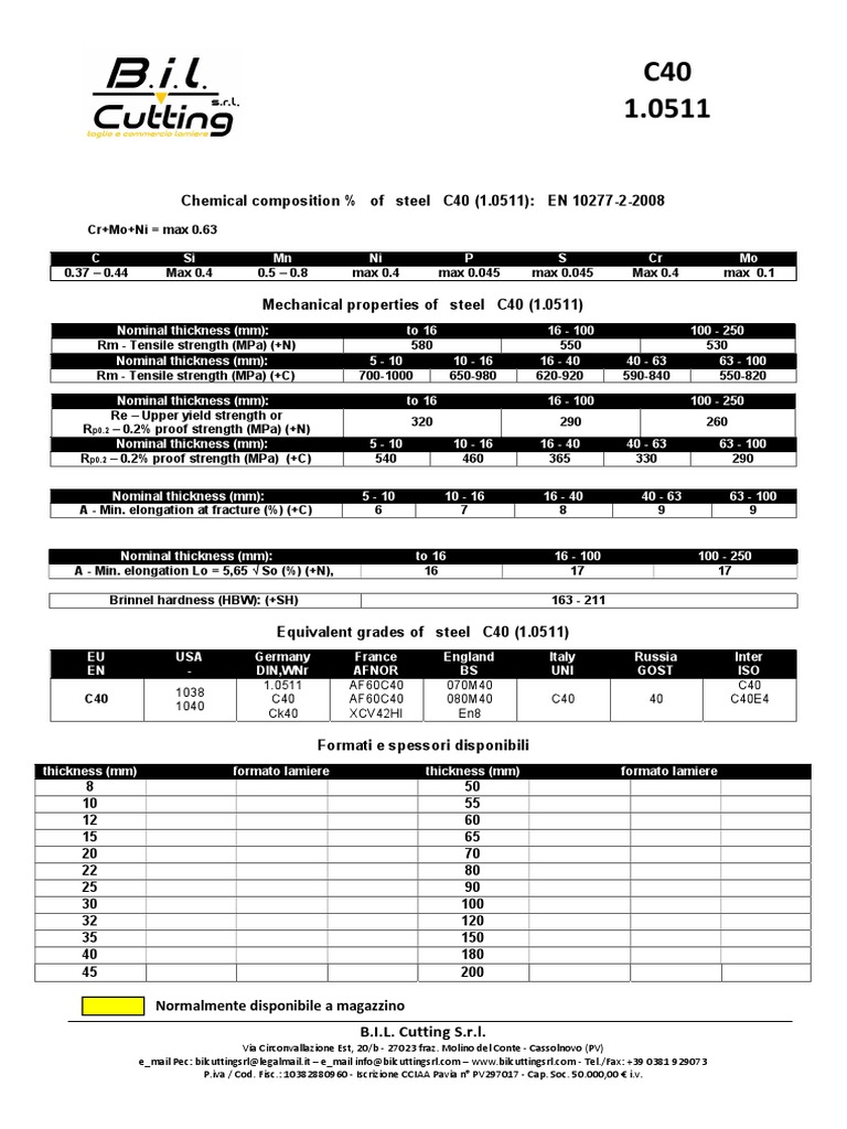 Chemical Composition % of Steel C40 (1.0511) : EN 10277-2-2008 | PDF ...